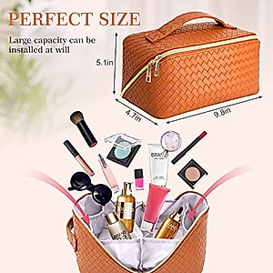 ZAUKNYA Large Capacity Travel Cosmetic Bag - Makeup Bag, Portable Leather Waterproof Women Organizer, with Handle and Divider Flat Lay Bags (Brown)