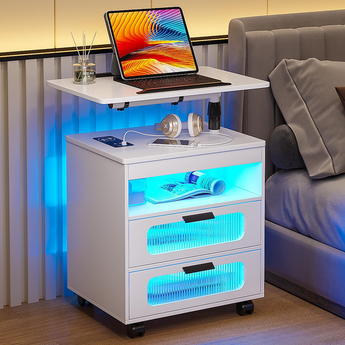 HNEBC Nightstand with Wireless Charging Station, LED Nightstand Has Adjustable Rotary Workstation,Smart Night Stand with 2 Drawers,Modern Bedside Table for Bedroom, Sensor Light/Wheel (White)