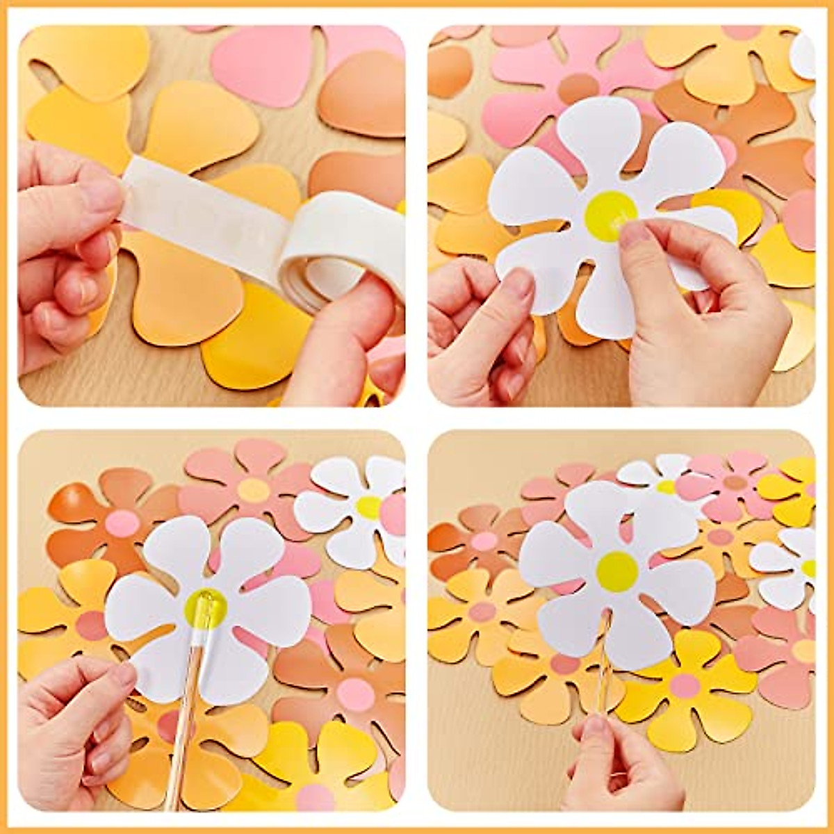60 Pieces Retro Flower Shaped Cutouts Groovy Retro Hippie Paper Cut Party Decoration Daisy Paper Flower Cutouts for Party Craft Wall School DIY Spring Summer Birthday Home 4.33 Inch, 6 Styles