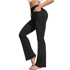 Pinspark Women's High Waisted Bootcut Yoga Pants Ribbed Flare Yoga Pants Tummy Control Elastic Bootleg Gym Pants with Pockets Black XL