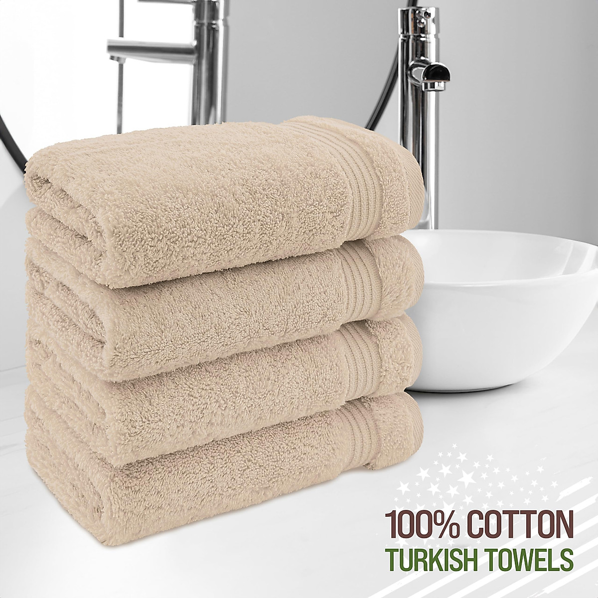 American Veteran Towel, Hand Towels for Bathroom Set of 4, 100% Cotton Turkish Hand Towel Sets Clearance Prime, Soft Drying Hand Face Towels, Beige Hand Towels
