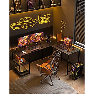 Teraves 64.84" Modern L Shaped Desk with Shelves and 69 inch Reversible L Shaped Corner Gaming Desk with Storage Shelves