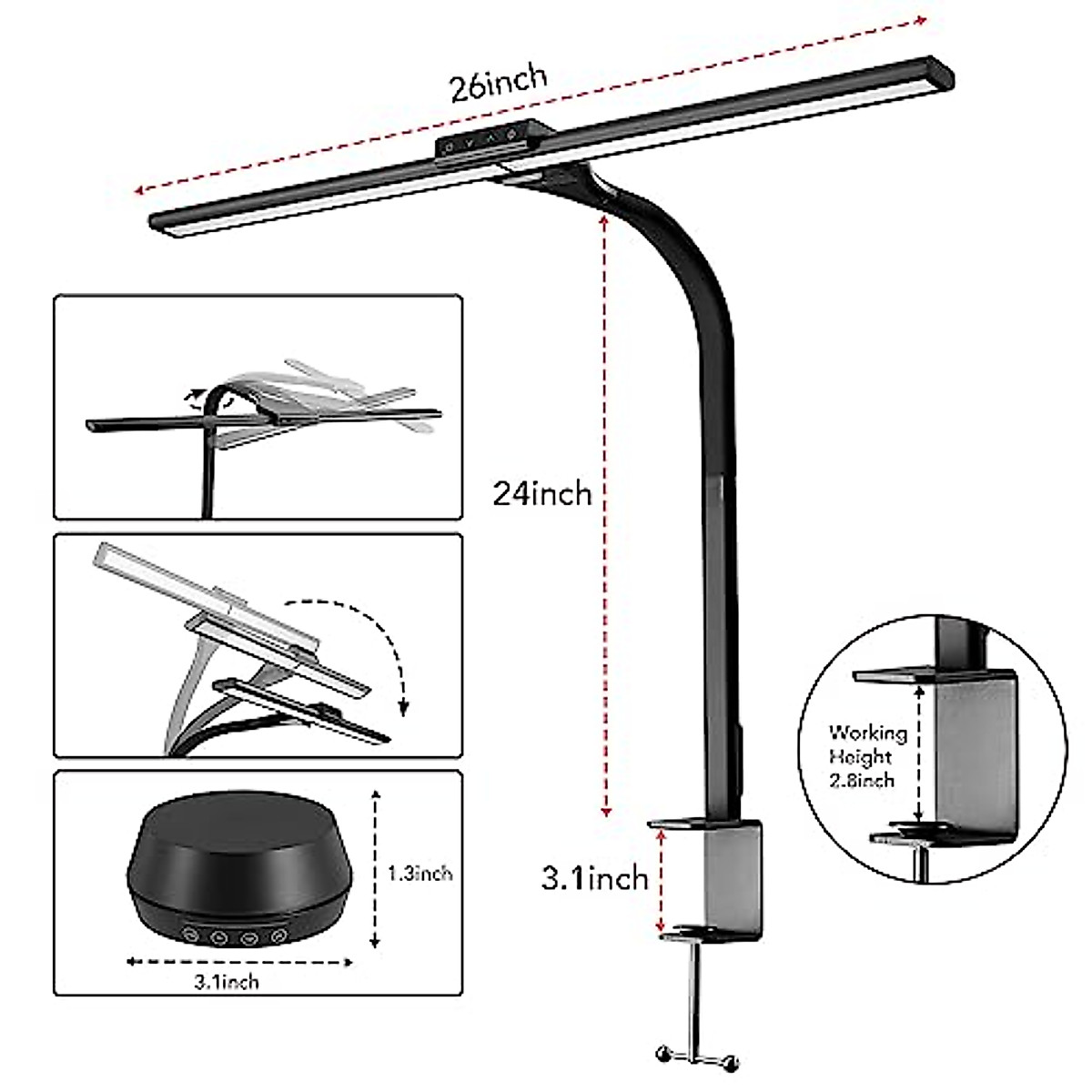 OREiN LED Desk Lamp for Home Office, 23W Desk Lamp with USB Charging Port, 5 Color Modes/Stepless Dimming/ 4 Timer, Flexible Desk Light with Touch & Remote Control, Office Desk Lamp with Clamp, Black