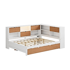 MERITLINE FullDaybed with Trundle, L-Shaped Bed Frame, Wood Platform Bed with LED Lights & USB Ports, Full Corner Bed with Trundle and Storage for Kids Teens Boys Girls, Walnut and White