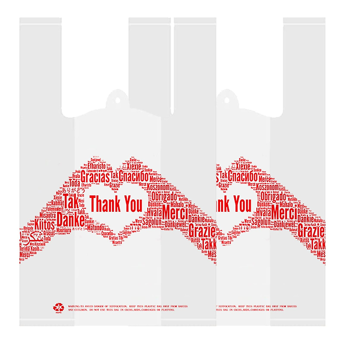 Thank You T-Shirt Bags Shopping Merchandise Bags Pack of 100 Reusable and Disposable Grocery Bags 12" x 6.5" x 20" 30 mic Standard Supermarket Size White Bag Take Out / To Go Bags for Restaurant