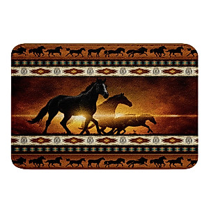 KXO Black Horses Rug Southwestern Native Aztec Bathroom Rugs Farmhouse Wildlife Door Mat Indian Tribal Geometry Kitchen Mat Bohemian Dream Catchers Retro Exotic Boho Decor 24"x16"