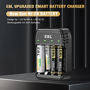 EBL Rechargeable AA Batteries with 4 Bay Ni-Zn/Ni-MH Battery Charger - 4 Pack 3000mWh - 1.6V Double A Battery High Performance and AA AAA Battery Charger