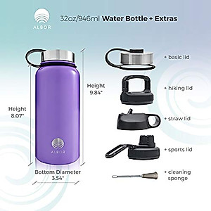 ALBOR Insulated Water Bottle with Straw, 32 Oz - 100% Leak-Proof with 4 Lids (2 Straw Lids) - Triple Insulated Stainless Steel Water Bottles, Reusable Water Bottle, Lilac