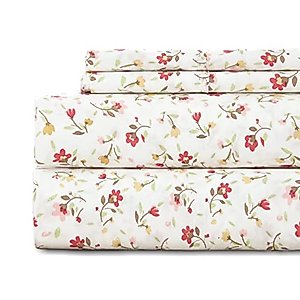 Queen Bed Sheet Set 4PC Printed Cute Red Flower Sheet Pattern Cooling Brushed Microfiber 17" Deep Pocket Floral Sheets Set Luxury, Soft, Breathable, Hypoallergenic, Wrinkle Free Double Bedding