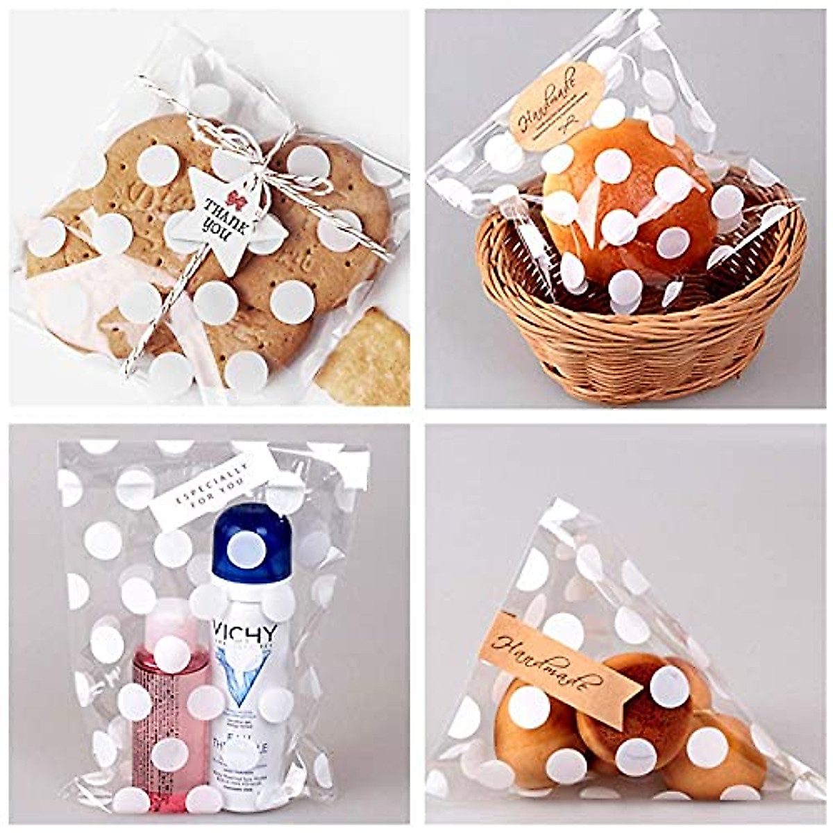 JOERSH 8.1" x 5" Bottom Gusset Clear Plastic Cookie Bags with Ties 200 Pack, White Polka Dots Pattern Small Candy Bags Treat Bags for Muffin Bakery Packaging