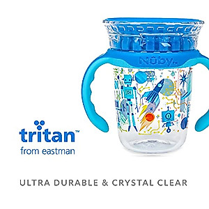 Nuby 360 Edge 2 Stage Drinking Rim Cup with Removable Handles & hygienic Cover: 8 Oz/ 240 Ml, 12M+, Robot, Blue (80815)