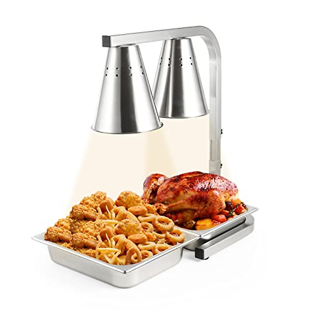 Restlrious Food Heat Lamp Freestanding Commercial Portable Food Warmer with 2 Half-Size Food Pans, Stainless Steel 120V Electric Food Heat Lamp with 2 Bulbs - 250W Each, Fan-Shaped Lampshade