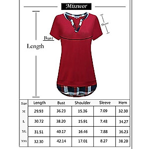 Tunic Shirts for Women Short Sleeve,Flattering Contrast Check V Neck Blouse Modest Youth Henley Tops Hi-Low Hem Casual Business Work Flowy Shirts Wear with Leggings Pullover Tunic Black Large