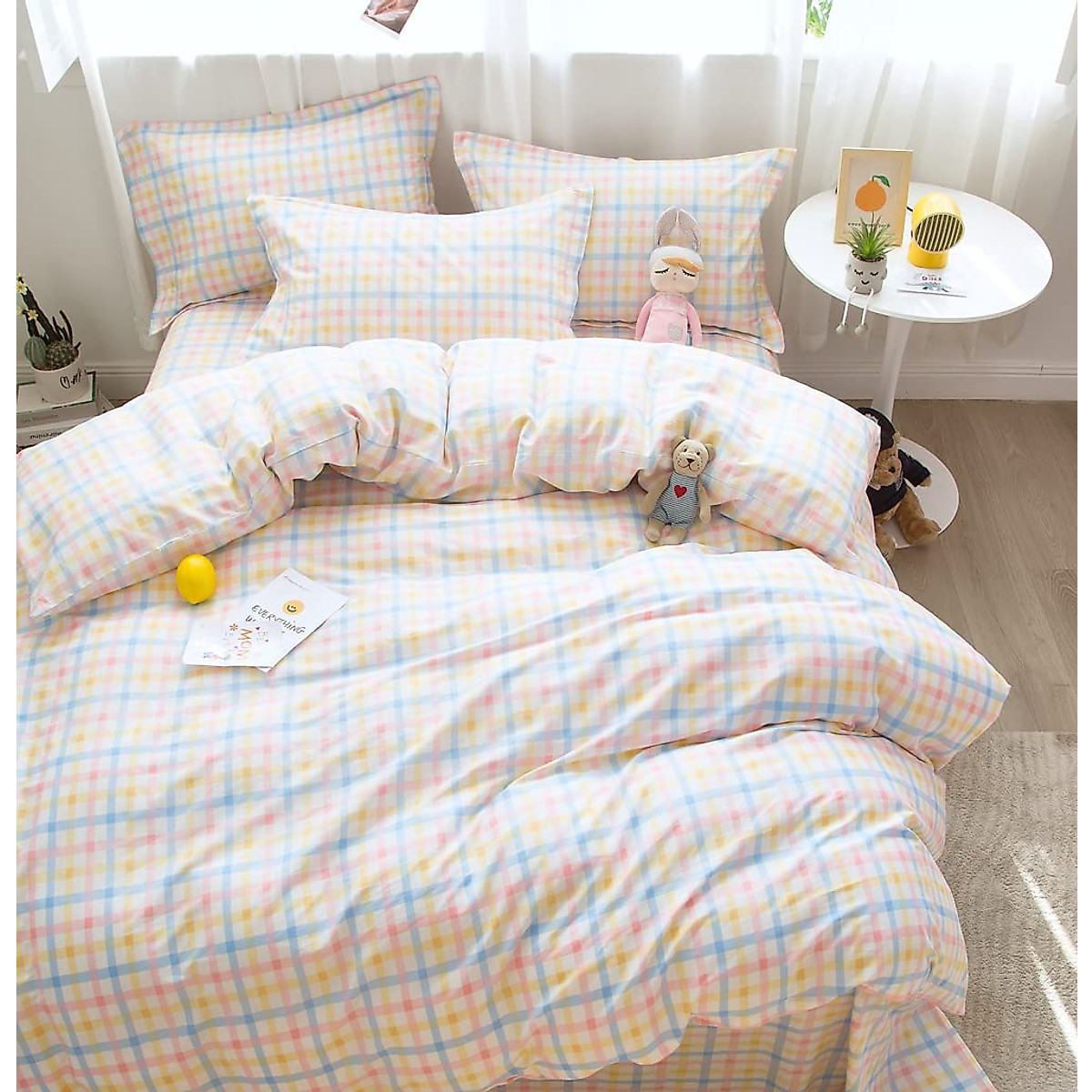 BlueBlue Rainbow Duvet Cover Set Queen 100% Cotton Bedding for Kids Boys Girls Teens Woman Colorful Geometric Check Grid 1 Rainbow Plaid Comforter Cover Full Zipper Ties 2 Pillowcases Queen