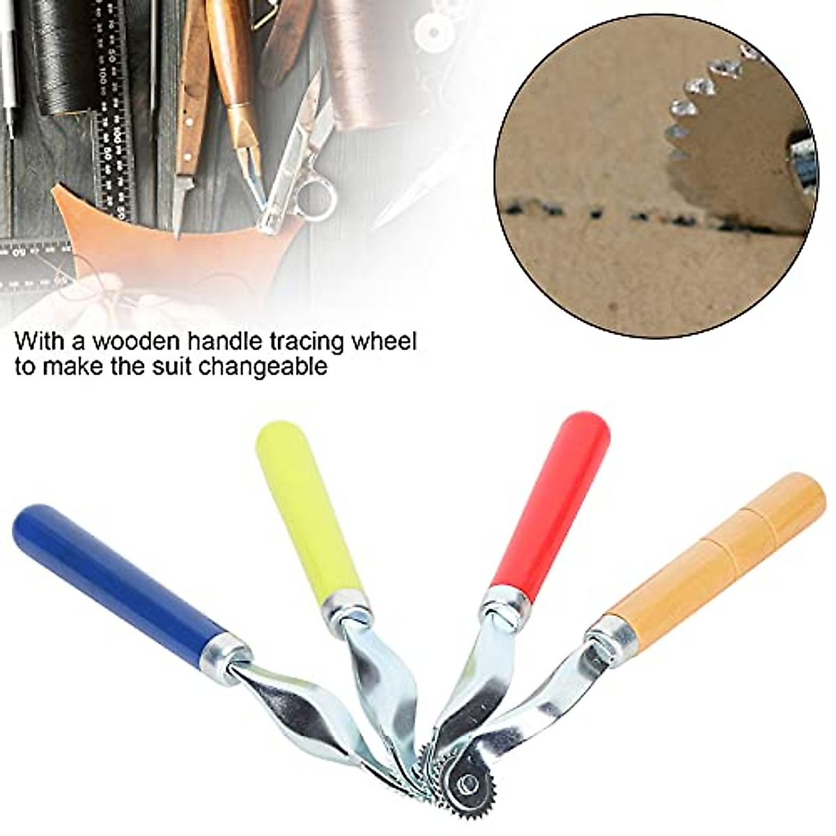 4Pcs Tracing Wheel Wooden Sewing Tools Marking & Tracing Tools Plastic Handle Stitch Marking Spacer for Sewing Patterns Wheel Sewing Tool with Packaging Bag Leather Paper Cloth