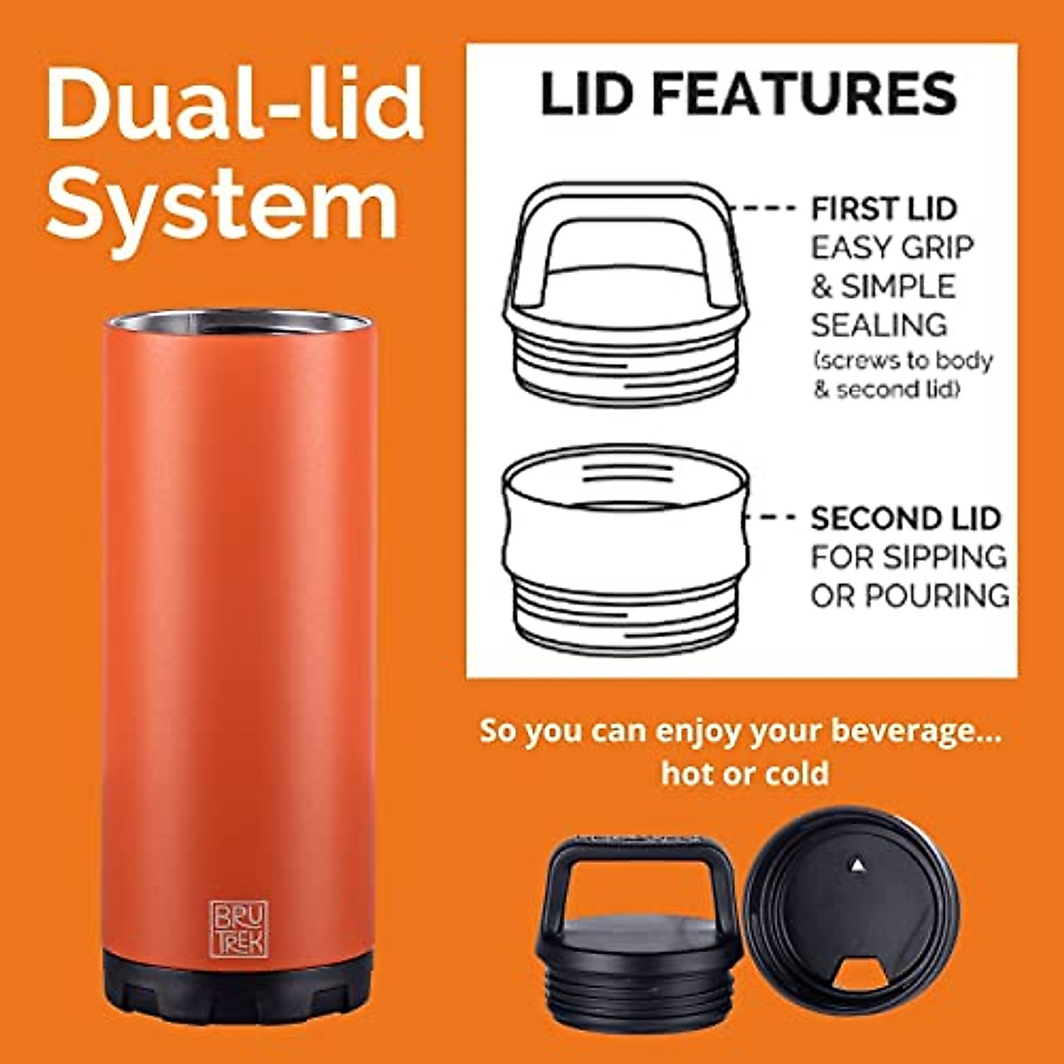 BruTrekker Bottle - Insulated Stainless Steel Tumbler Mug Keeps Drinks Hot or Cold - 2 Piece Drink and Pour Lid - Reusable Coffee Water or Beer Growler (18 fl.oz, Obsidian Black)