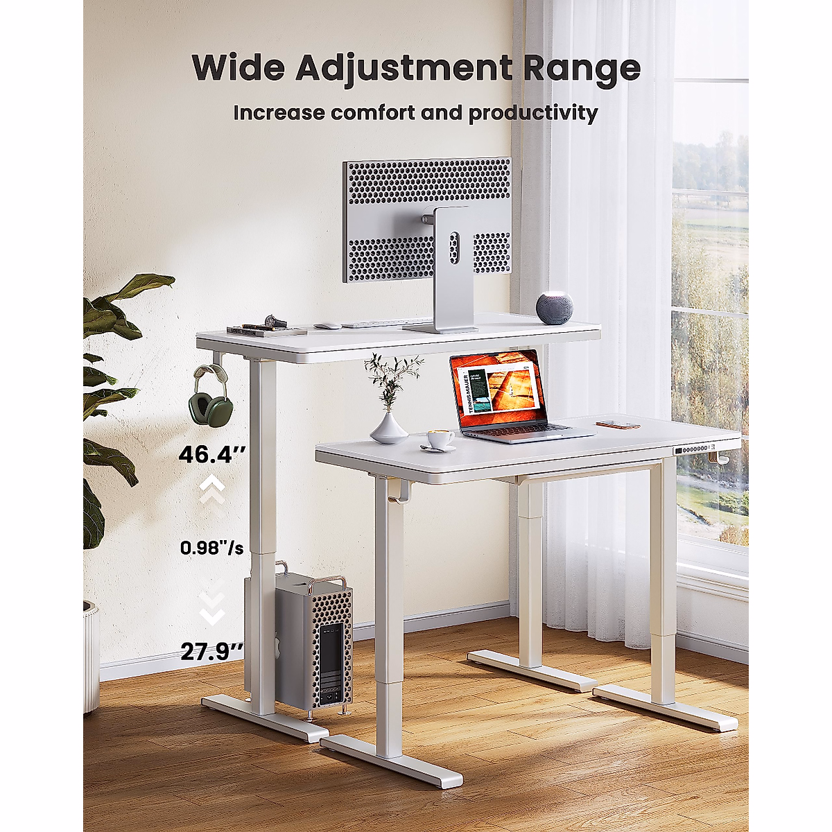 ErGear Dual Motor Electric Standing Desk with Drawers,48x24 Inch Whole-Piece Quick Install,Height Adjustable Stand up Sit Stand Home Office Ergonomic Workstation with USB Charging Ports(White)