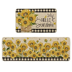 Artoid Mode Buffalo Plaid Sunflower Summer Kitchen Mats Set of 2, Hello Sunshine Spring Home Decor Low-Profile Kitchen Rugs for Floor - 17x29 and 17x47 Inch