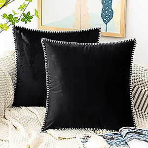 GAWAMAY Decorative Fall Black Pillow Covers 16x16 Inch, Pack of 2 Soft Velvet Square Cushion Cases with Chenille Edge Green Throw Pillowcase Shell for Living Room Sofa Patio Tent Couch Beding 40x40cm