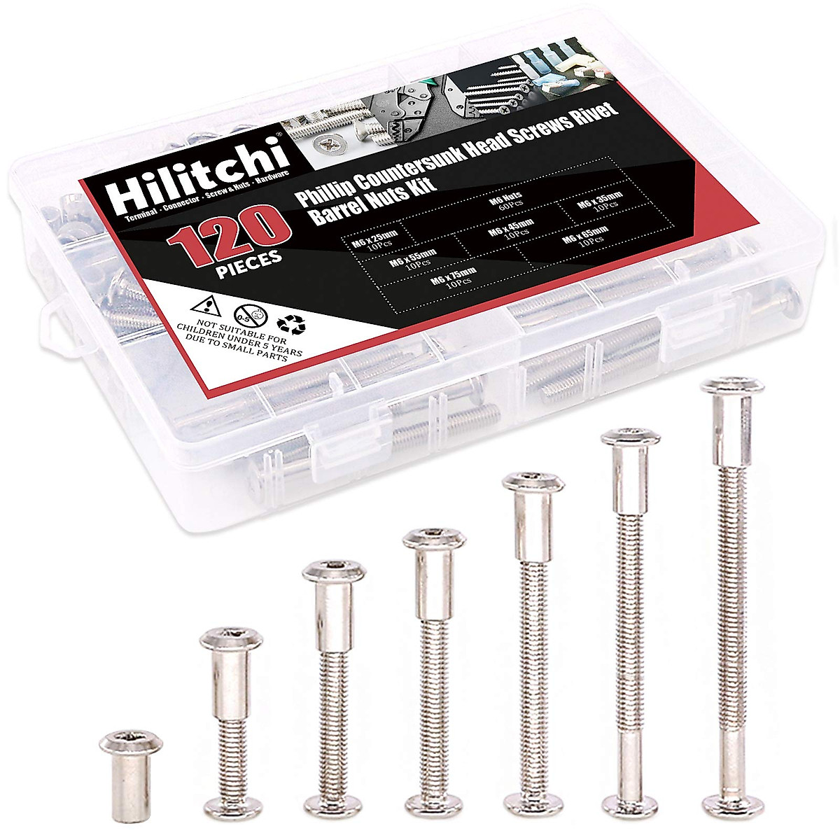 Hilitchi 120-Pcs M6 x 25/35 / 45/55 / 65 / 75mm Rivet Phillip Countersunk Head Screws Bolts Dowel Barrel Nuts Assortment Kit for Furniture Hardware Fitting