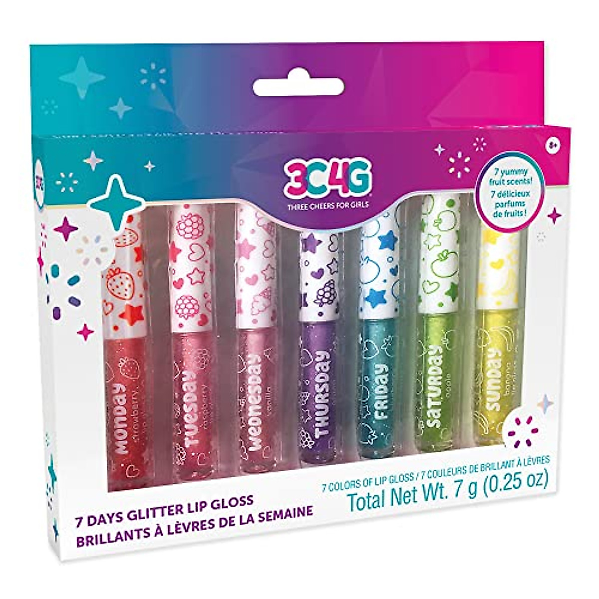 3C4G Three Cheers for Girls by Make It Real - 7 Days Glitter Lip Gloss - Flavored Lip Gloss Set for Girls - Strawberry, Raspberry, Vanilla and More! - 7 Piece Lip Gloss Kit