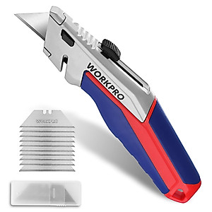 WORKPRO Retractable Utility Knife, Quick-Change Box Cutter with Twine Cutter, Heavy Duty Aluminum Razor Knife with Comfortable Handle, 10 Extra Blades Included