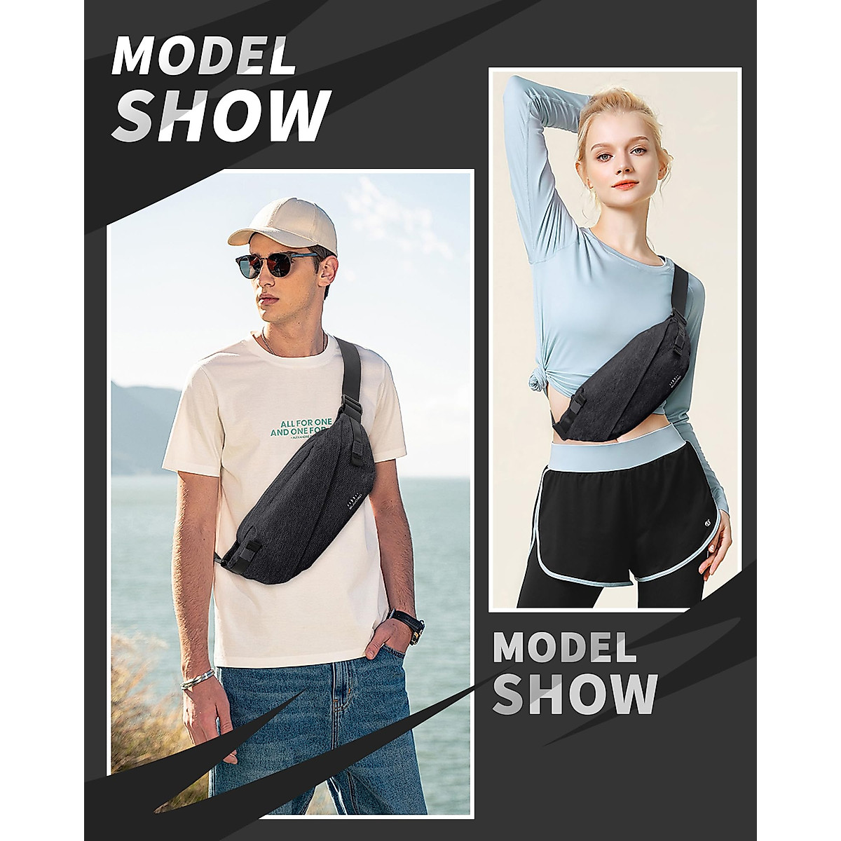 Fanny Pack for Mens Crossbody Bag, Sling Bag for Women Anti Theft Waist Packs with Adjustable Strap Casual Daypack for Running Sports Hiking Cycling Travel Walking - Black