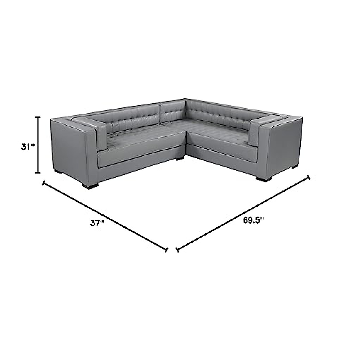 Iconic Home Lorenzo Right Facing Sectional Sofa L Shape PU Leather Upholstered Tufted Shelter Arm Design Espresso Finished Wood Legs Modern Transitional, Grey