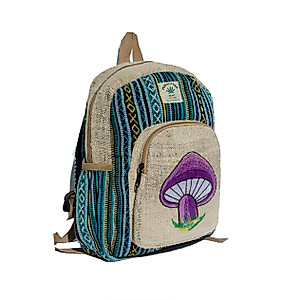 Handmade Mini Hemp Mushroom Backpack Purple Mushroom | Made in Nepal Travel Backpack with Water Bottle Pockets | Hemp Cotton Backpack