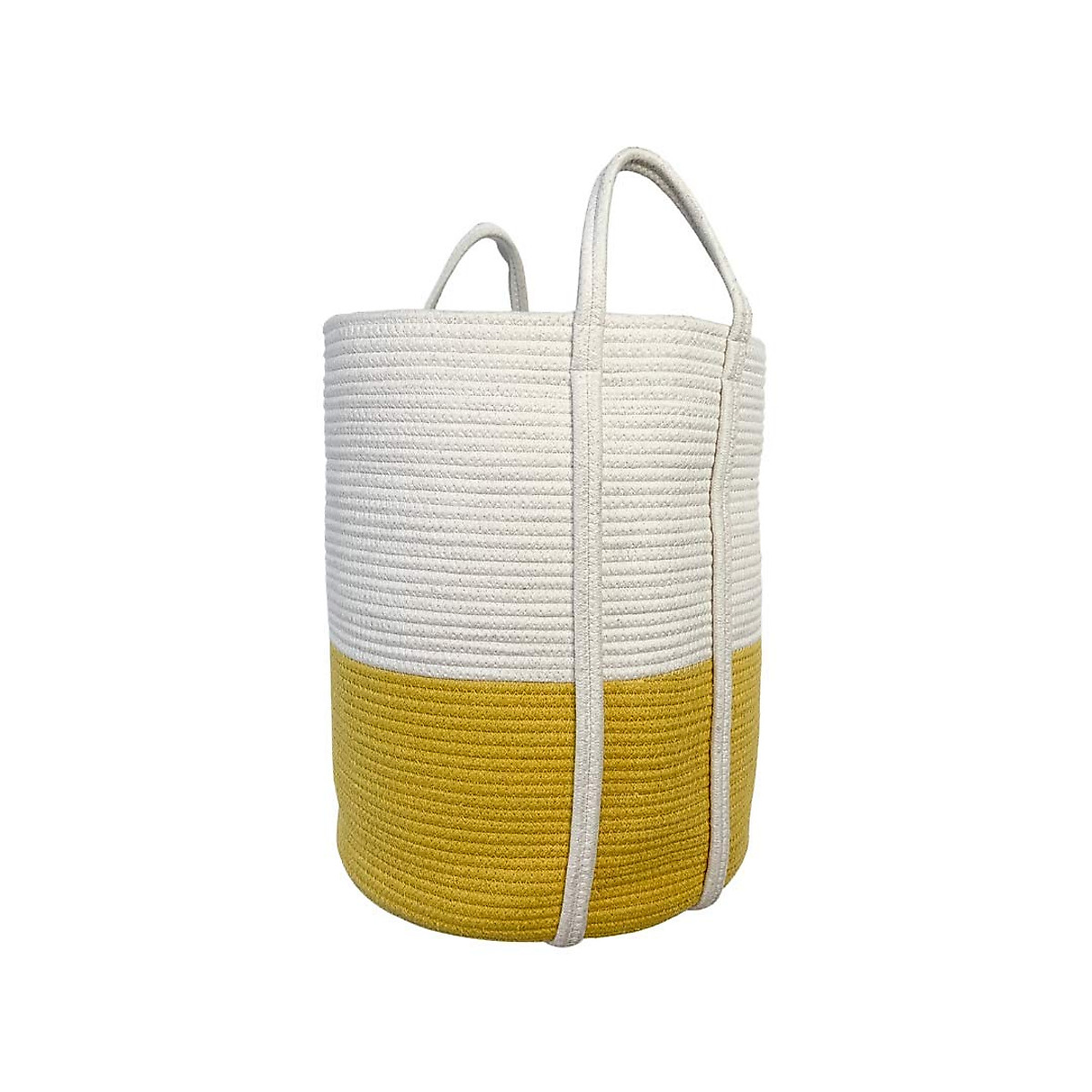 Yellow/White Rope Woven Laundry Basket/Nursery Hamper/Baby Laundry Basket/Toy Storage/Cotton Rope Basket/XXL Large Tall 18"H x 15"W/With Handles Clothes Blankets Kids Pet Organizer Decor Gift