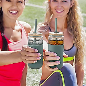 20oz Glass Water Tumbler with Silicone Protective Sleeve - Beer Can Shaped Glass Cups with Straw and Bamboo Lid, Iced Coffee Glasses, Cute Drinking Glasses for Water, Smoothie, Gift - Cambridge Blue