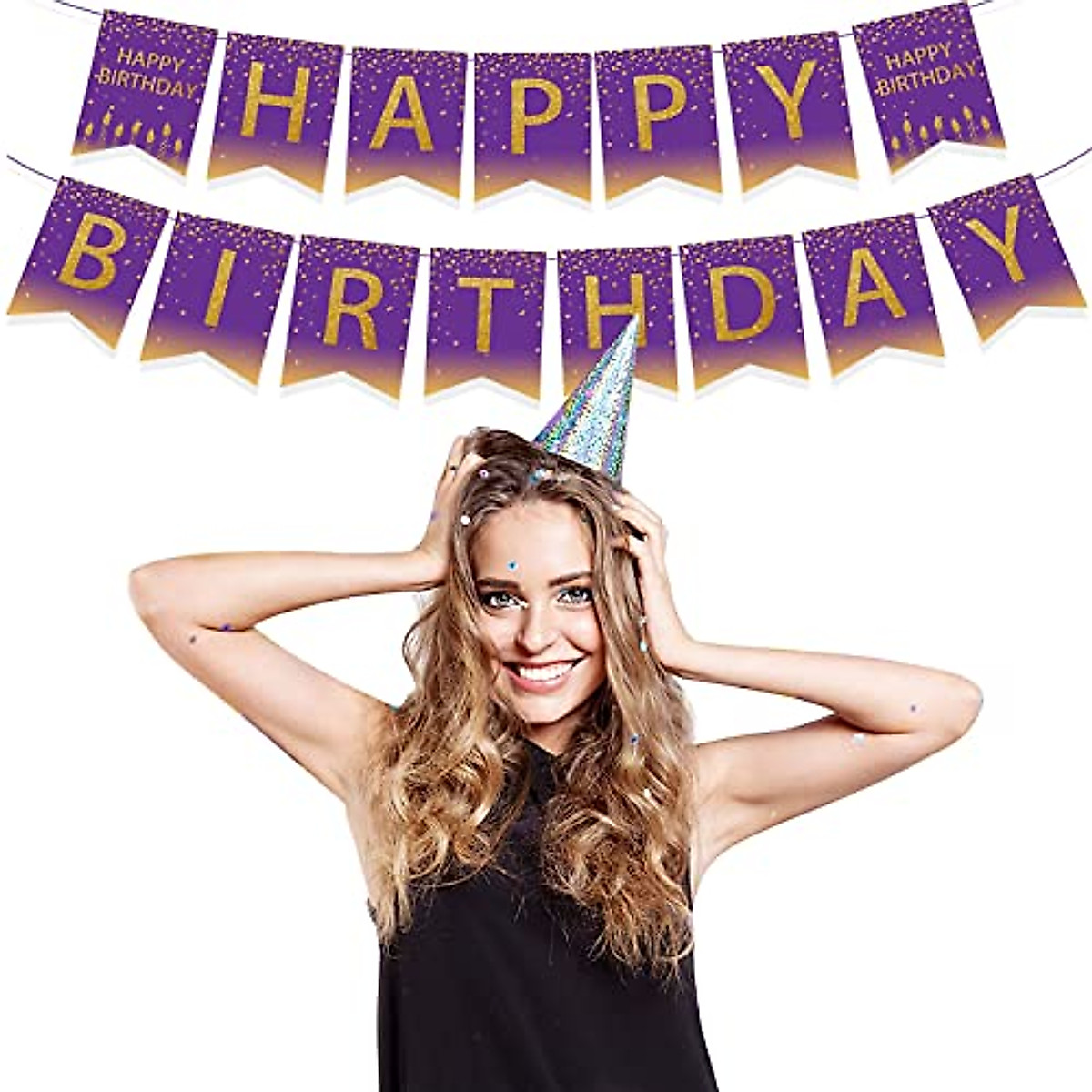 Birthday Decorations for Women Purple, Happy Birthday Banner Purple, Purple and Gold Party Decorations for Purple Birthday Backdrop…
