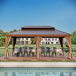 GAZEBEST 12'x20' Hardtop Gazebo Outdoor Aluminum Patio Gazebo Double Roof Galvanized Steel Gazebo Canopy Wooden Finish Coated with Netting and Curtains,for Garden Patio,Patio Backyard,Deck and Lawns