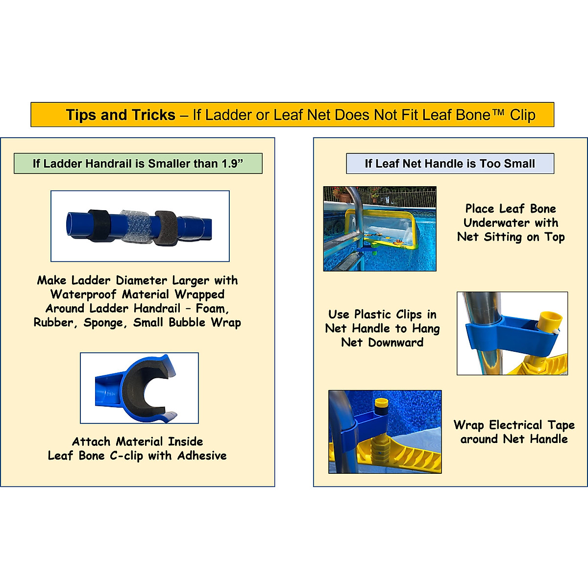 Leaf Bone - Leaf Net Skimmer Clip, In-Ground Swimming Pools and ONLY 1.9" Steel Ladder Handrails (Net Not Included), Leaf Rake Ladder Attachment