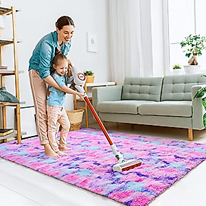 HOMORE Soft Fluffy Rug for Bedroom, Tie Dye Rugs for Living Room, Non Slip Shaggy Plush Carpet for Kids Nursery Toddler, 4x6 Feet Area Rugs for Room Floor, Hot Pink