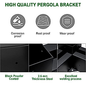 HomiShare 4"x 4" Pergola Brackets, 4Pcs Steel 3-Way Right Angle Corner Bracket, Heavy Duty Black Powder Coated Pergola Kit for Gazebo 4"x 4" (Actual: 3.5x3.5 Inch) Lumber