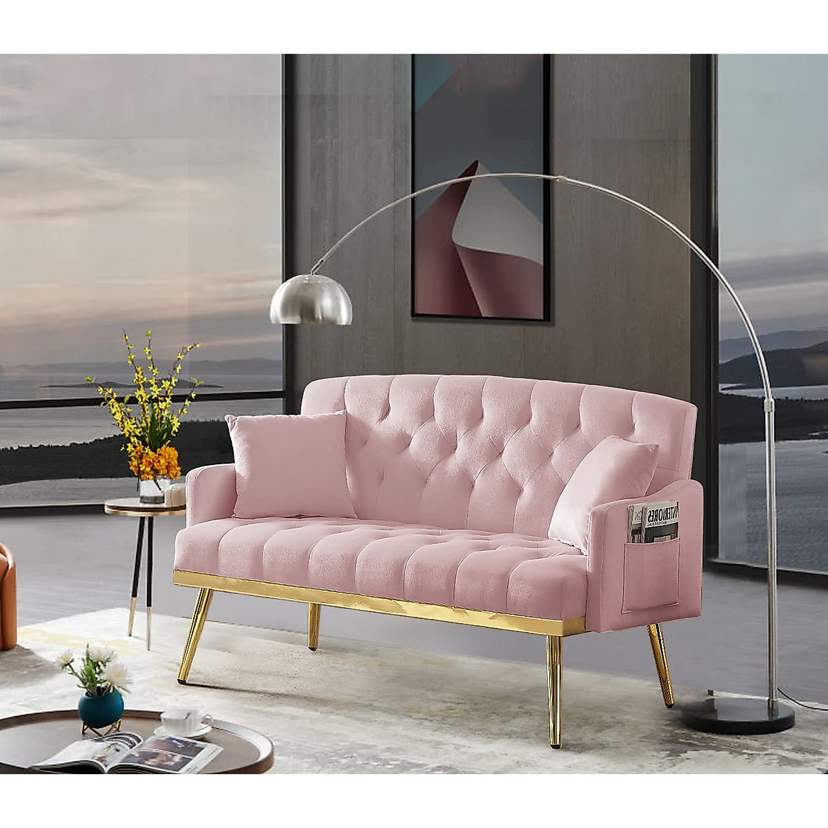 Antetek Upholstered Velvet Loveseat Sofa, Modern Small Sofa Couch with Side Pocket and Golden Metal Legs, Tufted Leisure Sofa for Living Room, Bedroom, Office, Pink
