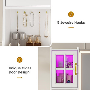 BTHFST White Vanity Desk with Touch Screen Mirror and Lights, Large Makeup Vanity with RGB Light Cabinets & Charging Station, 6 Drawers, 5 Jewelry Hooks, Vanity Table with Lighted Mirror