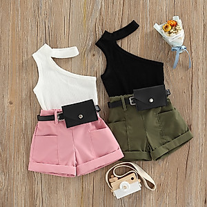 Adobabirl Toddler Baby Girl Summer Outfits Sleeveless Ribbed Halter Top and Shorts Set Kids Fashion Clothes with Belt (Shorts Set with Wasit Bag- Pink,3-4T)
