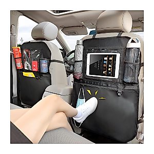 AICEL Car Backseat Organizer, 2 Pack Seat Back Protector Kick Mats with Touch Screen Tablet Holder for Kids Toddlers, Auto Backseat Storage Pockets with Cup Holder and Hook, Car Travel Accessories