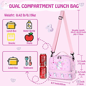 Lunch Bag for Kids, Insulated Lunch Box Cute Thermal Lunch Tote Bag with Dual Compartment and Removable Shoulder Strap, VONXURY (Pink Unicorn 2)