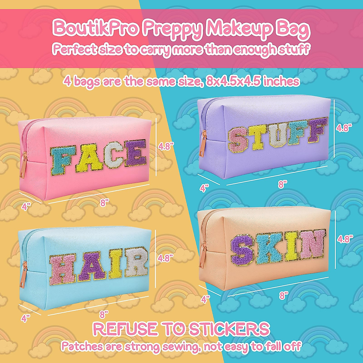 boutikpro 4PCS Premium Preppy Makeup Bag Set, Cute PU Travel Toiletry Bag for Women, Waterproof Preppy Patch Cosmetic Organizer Bag for Traveling Outdoors, Gift Ideal for Christmas Thanksgiving