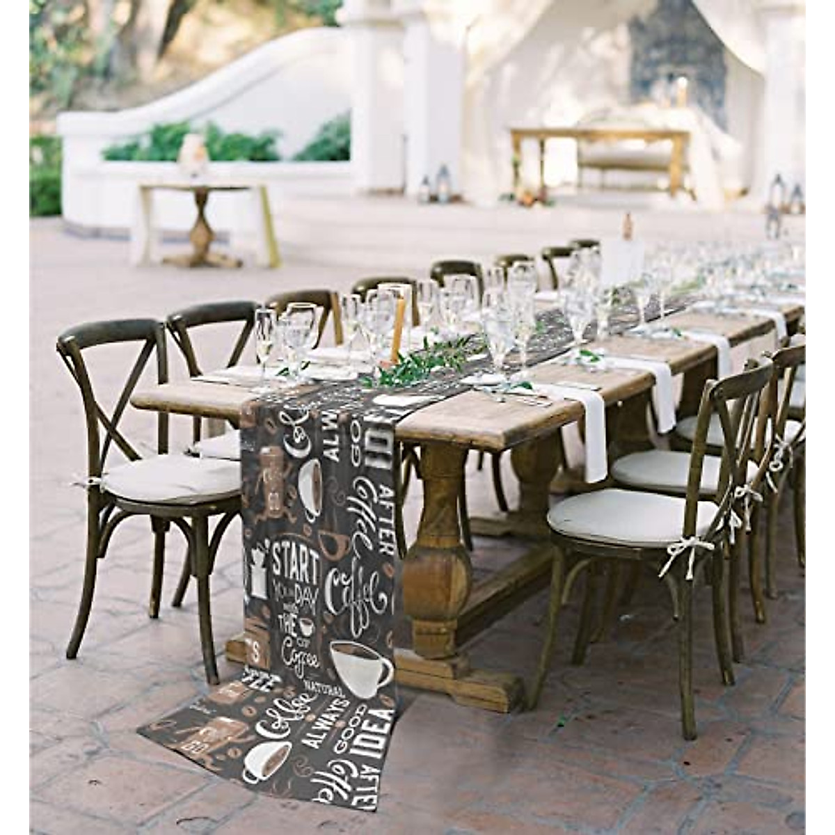 Rural Coffee Chiffon Table Runner 120 Inches Long, Shabby Chic Esppresso Beans Cup Drinking Voile Sheer Tulle Runner for Rustic Wedding Reception Bridal Shower Decorations Birthday Party