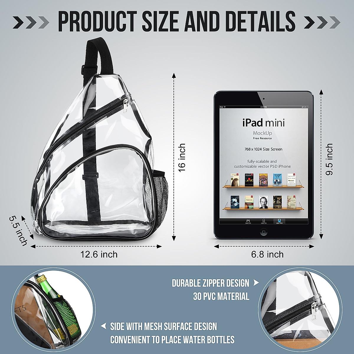 Silkfly 6 Piece Transparent Sling Bag Transparent Backpack Stadium Approved Plastic Clear Shoulder Crossbody Backpack with Water Holders for Sports Event Concert Travel Stadium