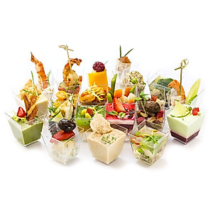 Oasis Creations Square Mini Dessert Cup - 3.5 ounce - 50 Count - Lids & Spoons Included - Clear Plastic - Appetizer Cup - Parfait Cup - Dessert Cup -Disposable or Reusable (50 Pack)