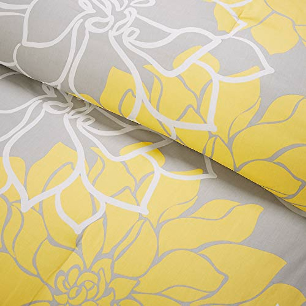 Madison Park Lola Sateen Cotton Comforter Set-Casual Medallion Floral Design All Season Down Alternative Bedding, Shams, Bedskirt, Decorative Pillows, King, Grey/Yellow 7 Piece