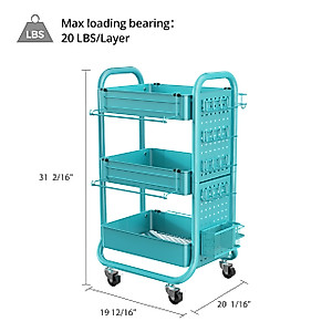 DESIGNA Heavy Duty 3-Tier Metal Rolling Cart,Utility Storage Cart With DIY Pegboard,Craft Art Carts Trolley Organizer with Handle and Extra Office Storage Accessories for Kitchen Office Home,Turquoise