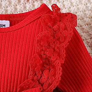 Mialoley Baby Girl Long Sleeve 2 Piece Outfit Knit Lace Patchwork Sweet Romper Dress Bowknot Plaid Bodysuit with Headband (Red, 9-12 Months)