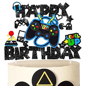 Video Game Happy Birthday Cake Topper Glitter Game Controller Cake Pick Decoration Gamer Birthday Cake Decorations for Video Game Controller Themed Kids Birthday Party Baby Shower Supplies (Black)