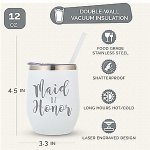 Your Dream Party Shop Maid of Honor Gifts Tumbler Cup, White Powder Coated Stainless Steel 12oz Stemless Proposal Wine Glass Maid of Honor Cup, Bridesmaid Tumblers (Maid of Honor)